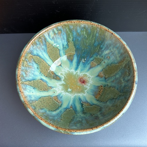 Art | Studio Art Pottery Bowl Abstract Green Drip Glaze Stoneware 65 ...